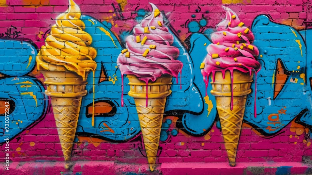 Vivid graffiti art of melting ice cream cones on an urban wall. Stock ...