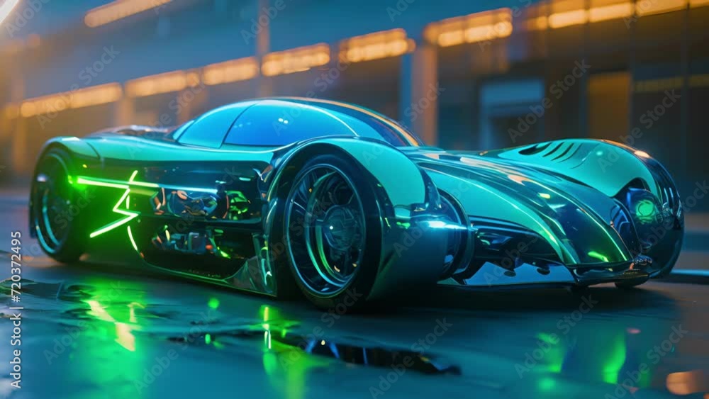 A neon green concept car with sleek curves and a lightning bolt design ...
