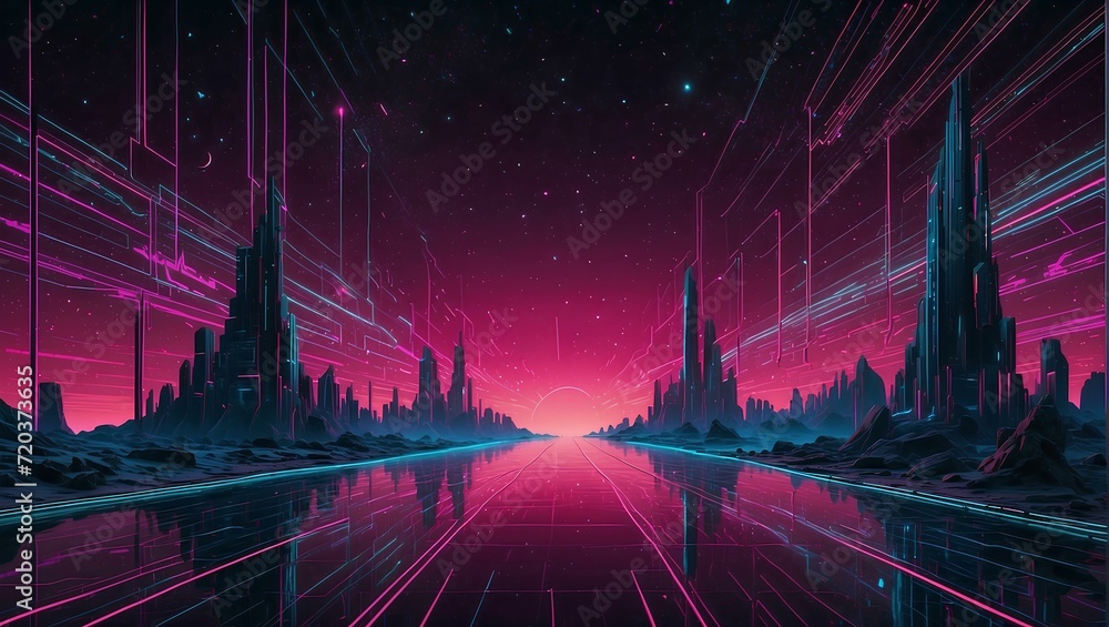 Synthwave wireframe net illustration. Abstract digital background. 80s ...