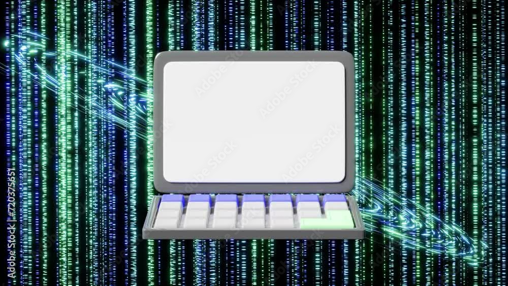 3d laptop computer monitor with green blue light streaks, bright neon ...