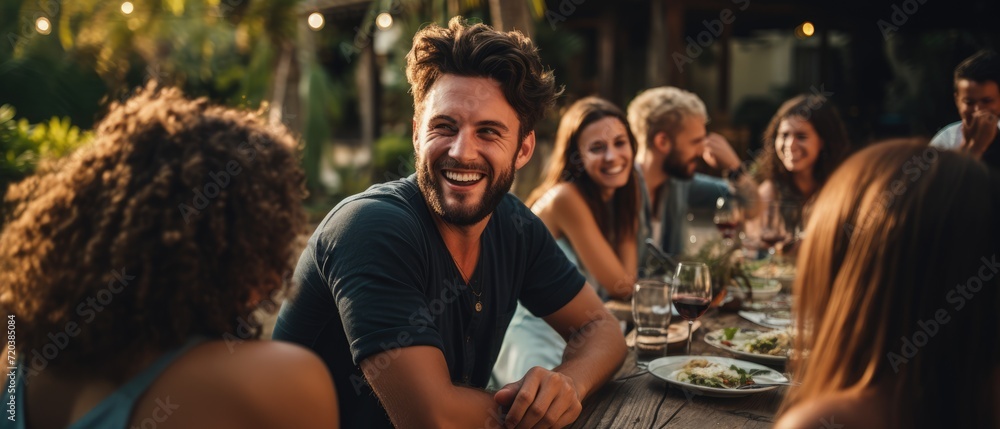 Large group of friends, millennial people with friend enjoying a fun ...