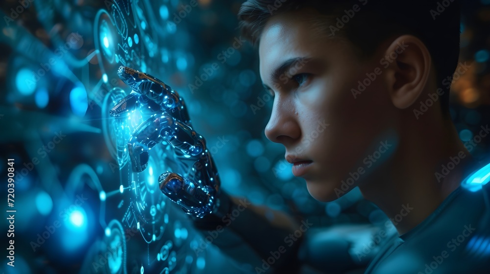 young guy touching electric circuit using artificial intelligence ...