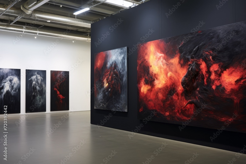 Indoor color photograph of an art museum showing huge semi-abstract ...