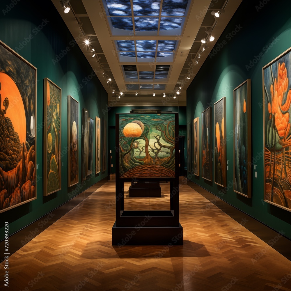 Interior color photograph of a museum gallery hung with paintings in ...