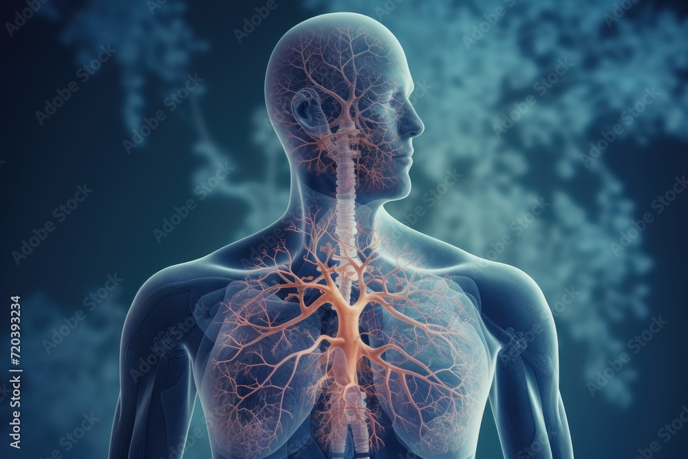 This image shows the human body with the heart and lungs clearly ...