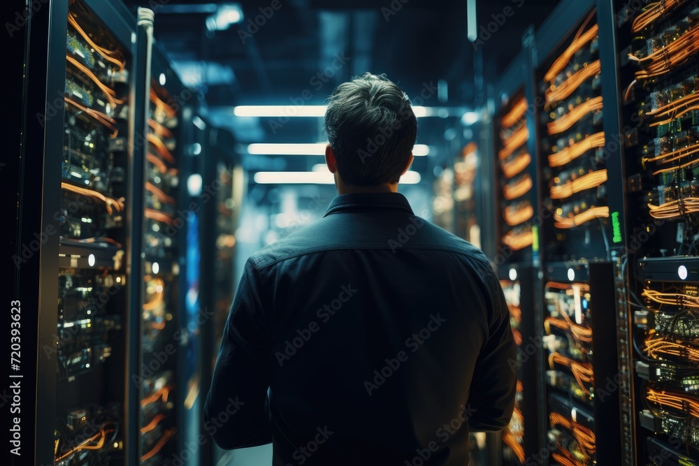 A man stands in front of a server in a server room, overseeing the ...