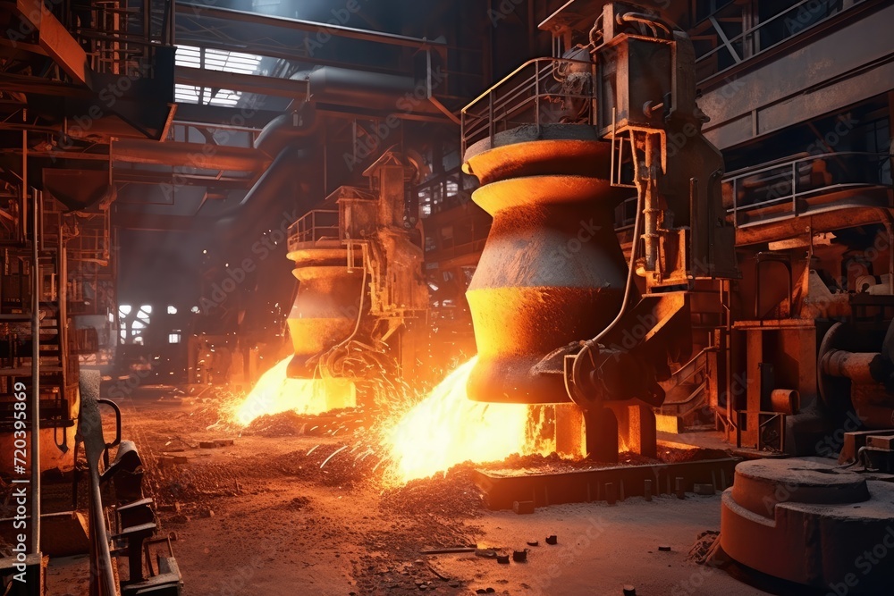 A factory setting filled with a multitude of machines and fiery flames ...