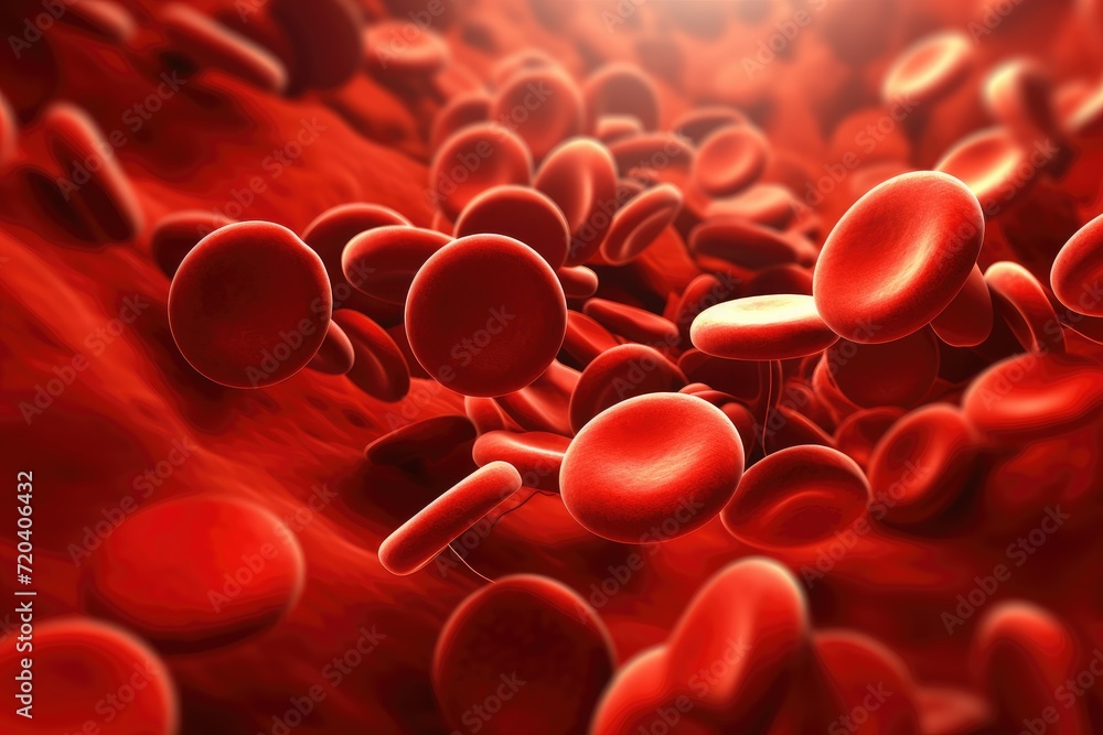 This image depicts a vibrant display of red blood cells coursing ...