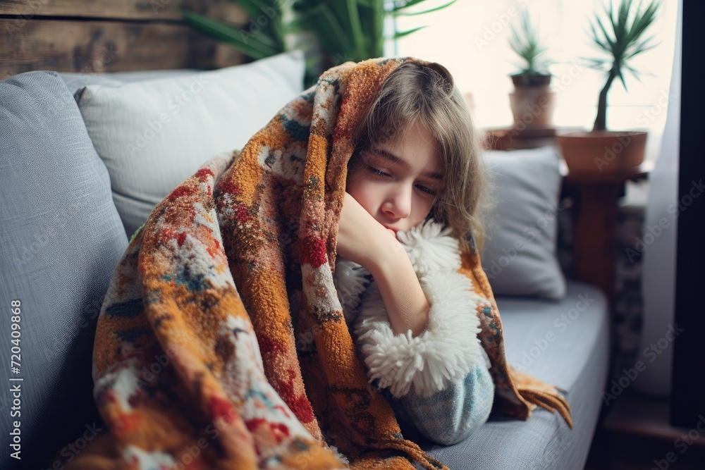 A young girl sits comfortably under a warm blanket on a couch, sick ...