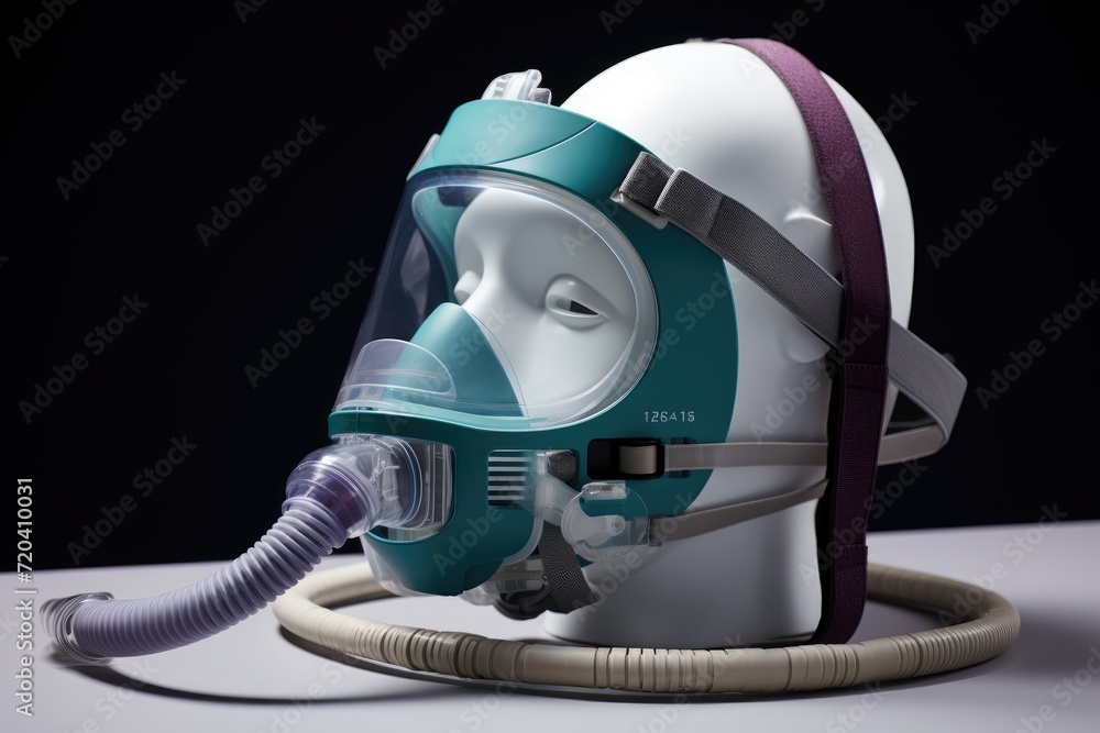 This image features a mask equipped with a breathing apparatus ...