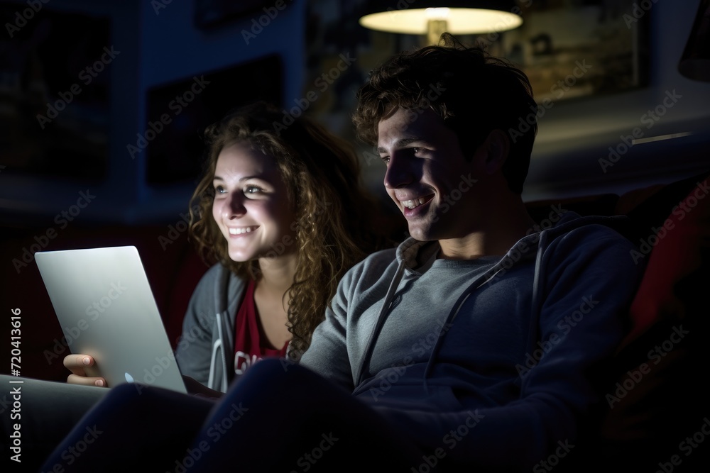 Man and Woman on Couch With Laptop, Engaged in Online Activity ...