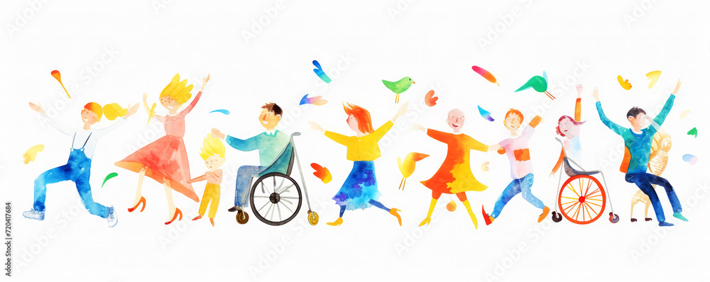 Colorful art watercolor painting depicts a diverse group of ...