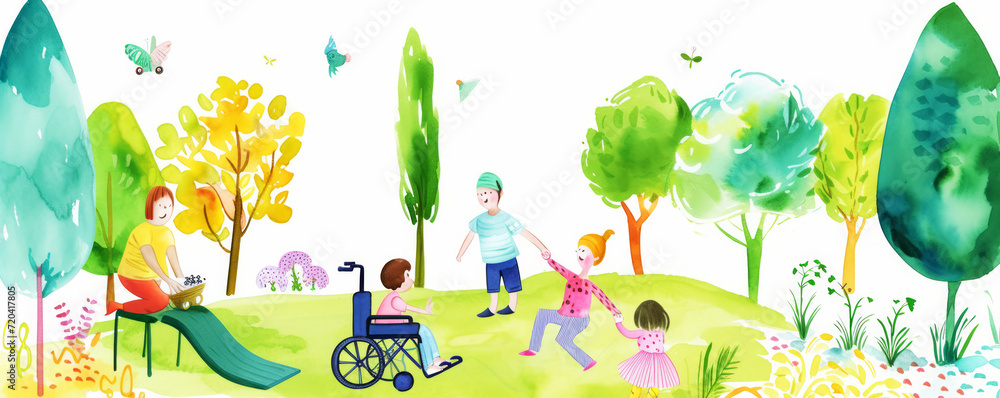 Colorful art watercolor painting depicts a diverse group of ...