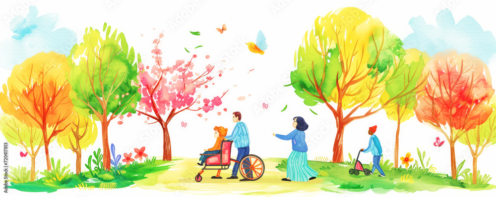 Colorful art watercolor painting depicts a diverse group of ...