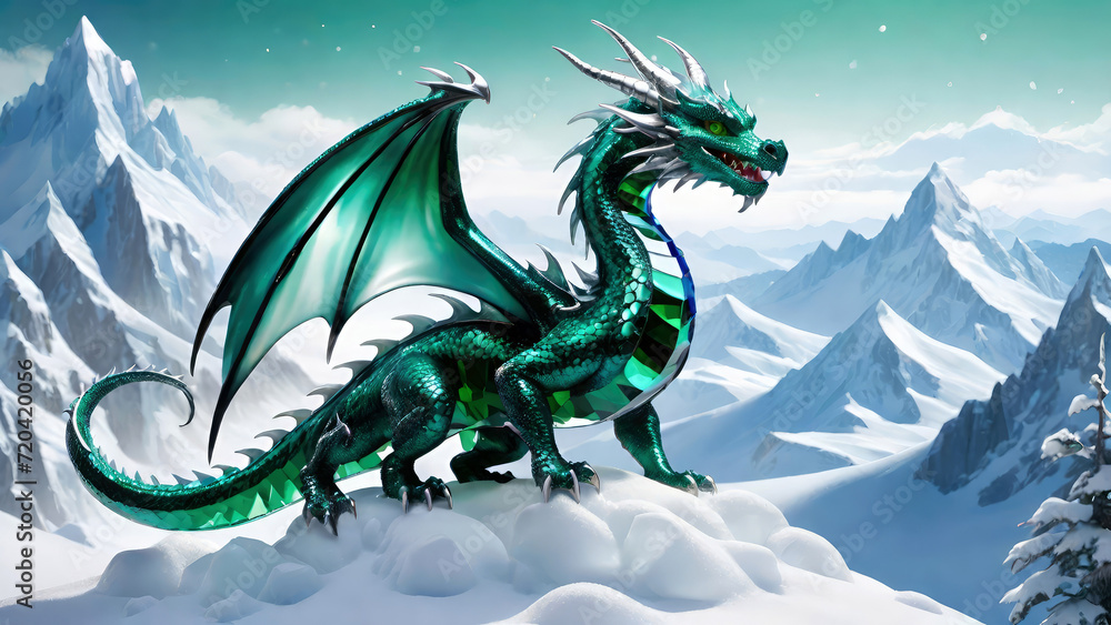 Green majestic emerald crystal dragon with transparent wings on a snowy ...
