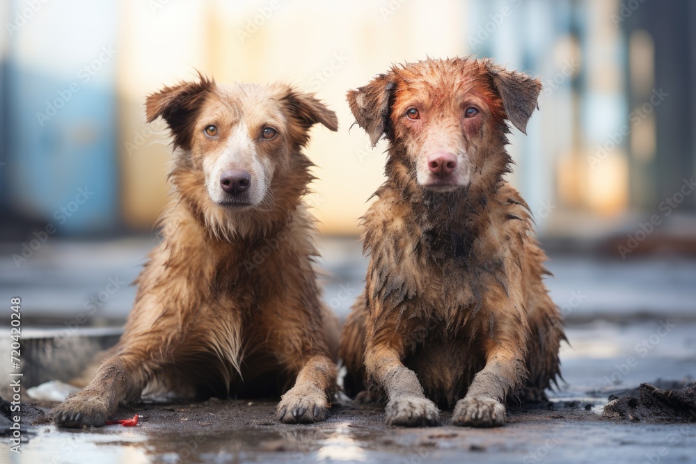 Two brown dogs sitting side by side on a wet ground, appearing content ...