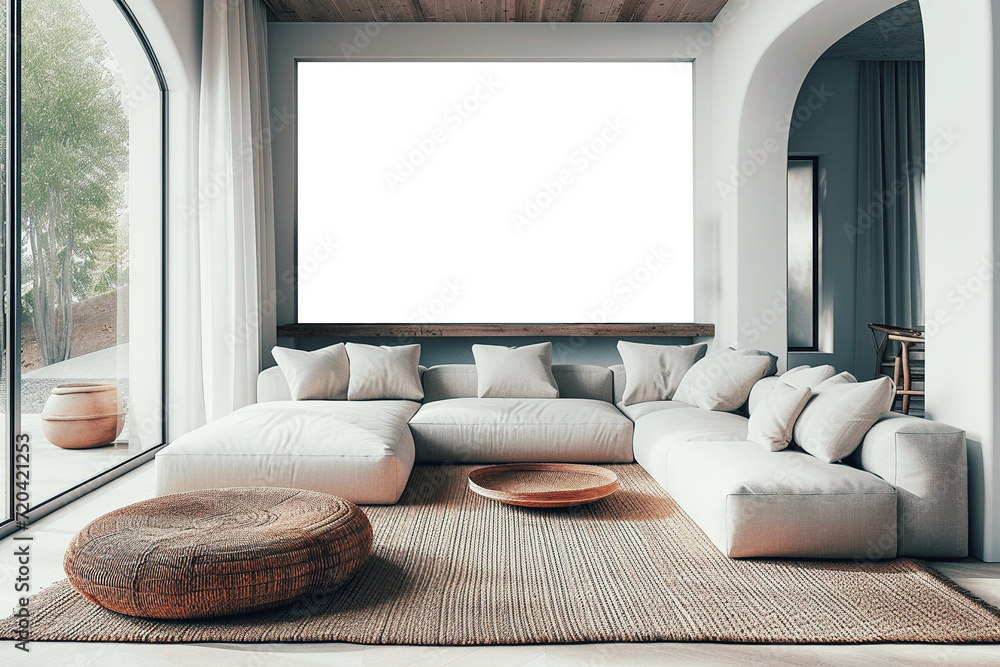 cozy living room - modern furnishing - transparent wall - light color ...