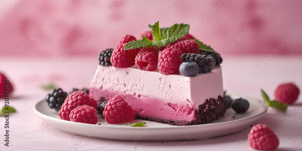 Wild Berry Mousse Cake with Fresh Garnish on Elegant Setting. Sumptuous ...