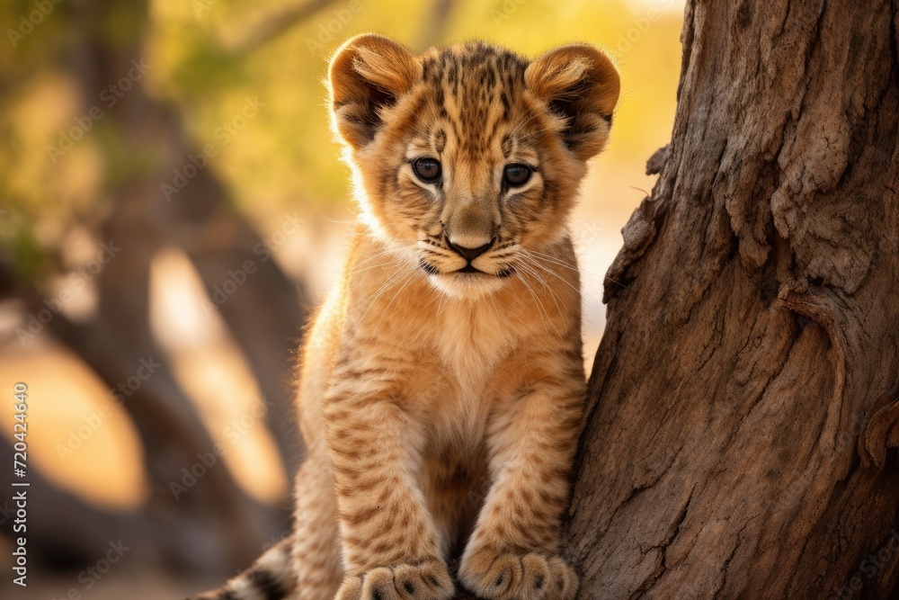 Adorable young lion cub sitting calmly on a tree branch, showcasing its ...