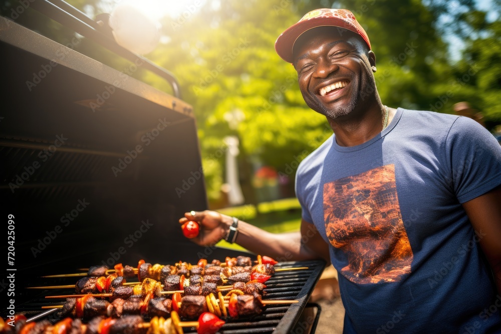 Man Smiling Cooking on Grill, Outdoor Barbecue Fun With a Happy Cook ...