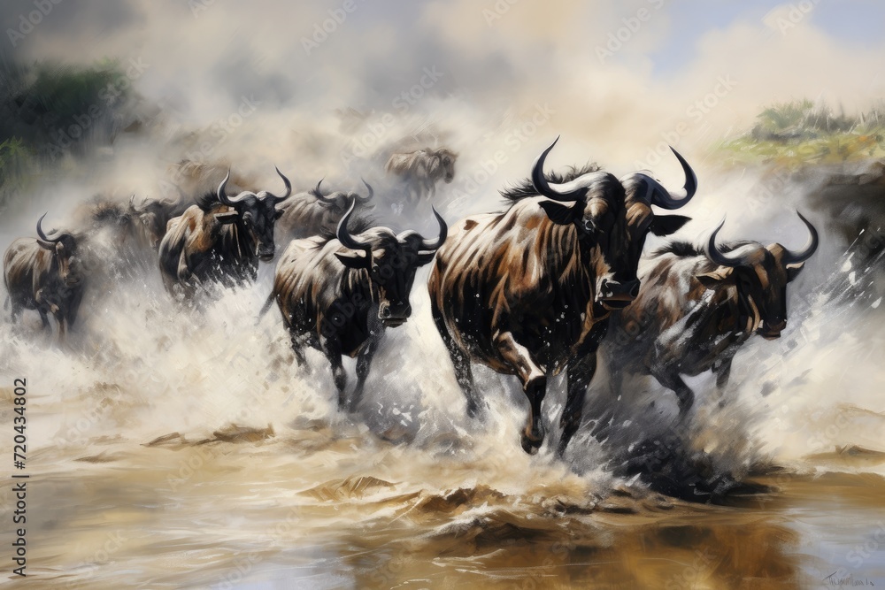 Herd of Wild Animals Running Through River Painting, Wildebeests ...