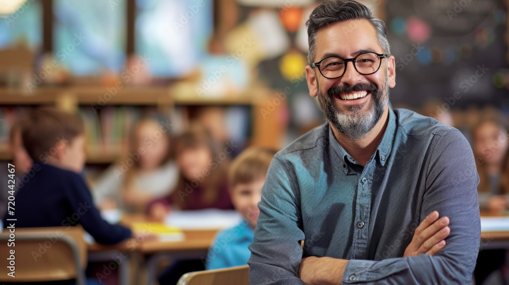 Happy male elementary school teacher. Students are in classroom behind ...