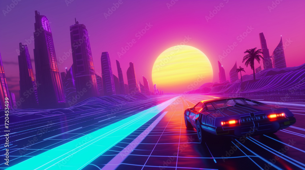 Retrowave Synthwave 3D landscape. VJ visuals in vibrant hues ...