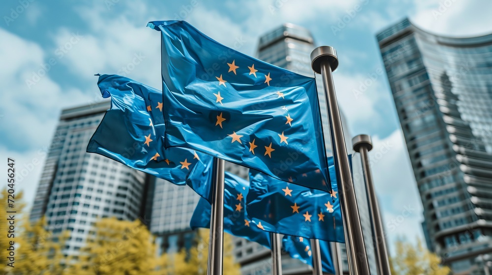 Flags of the european union waving proudly in front of the majestic ...