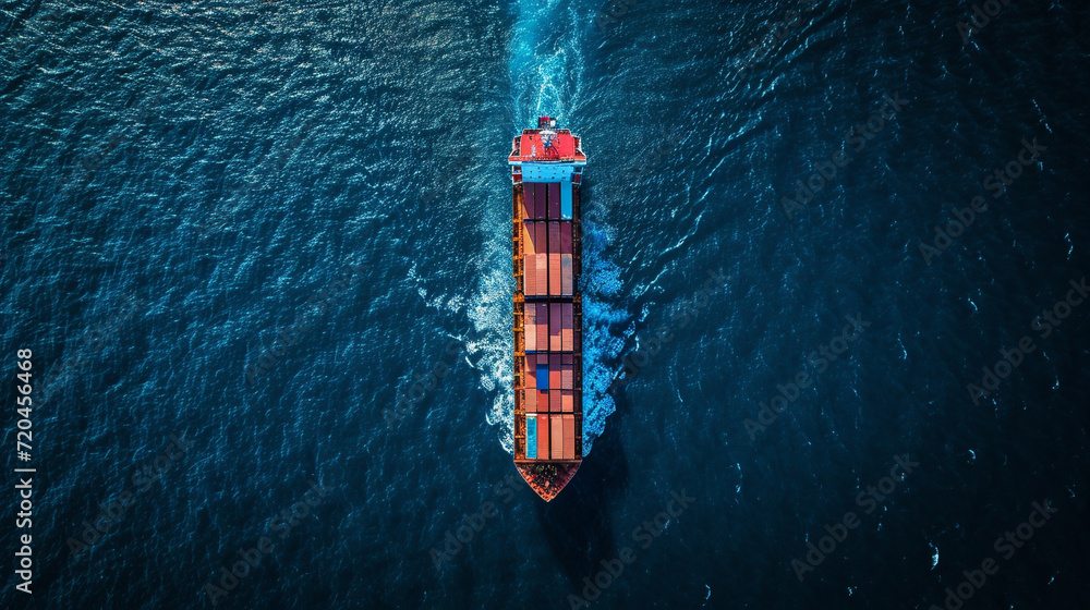 An aerial view of a container ship on the high seas, en route to its ...