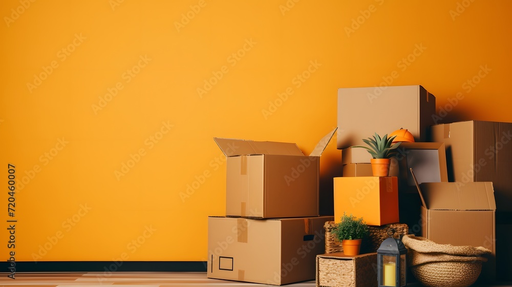 Move concept. Cardboard boxes and cleaning things for moving into a new ...