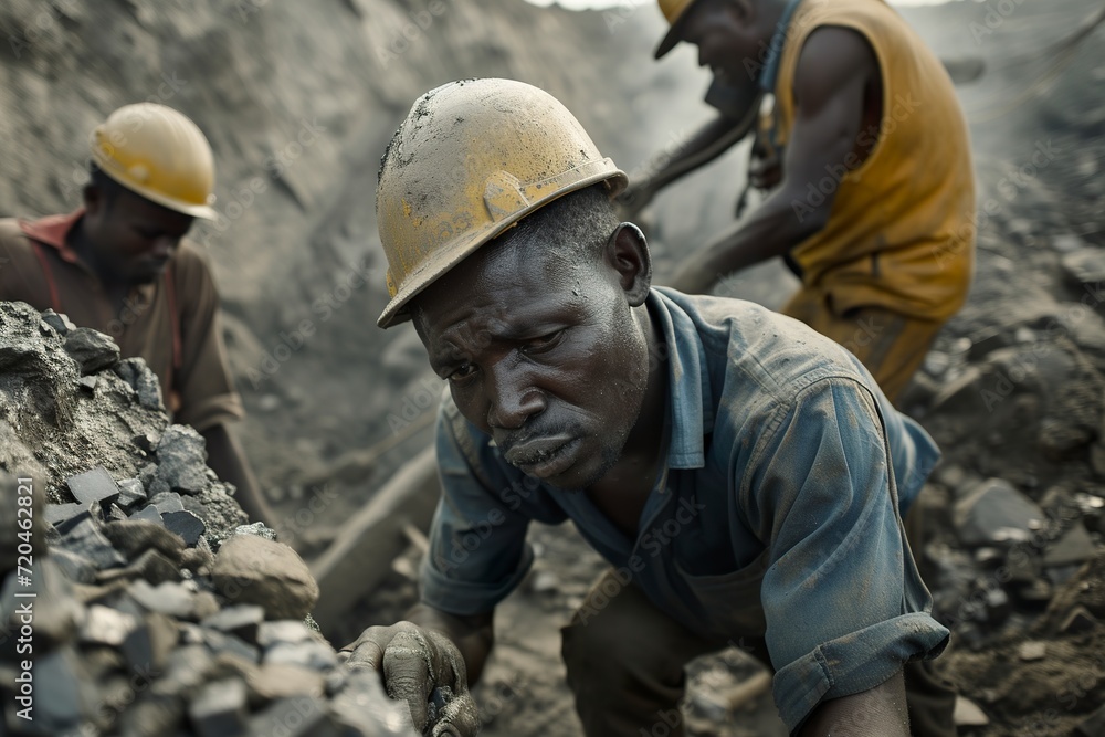African miners working in a mine in Congo. Portrait of hard work by African miners in a scene of ...