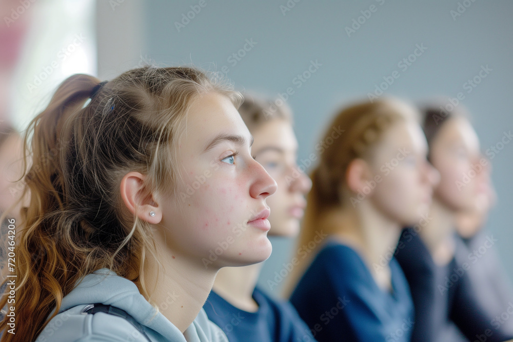 High school students focused in class, attentive teenagers listening to ...