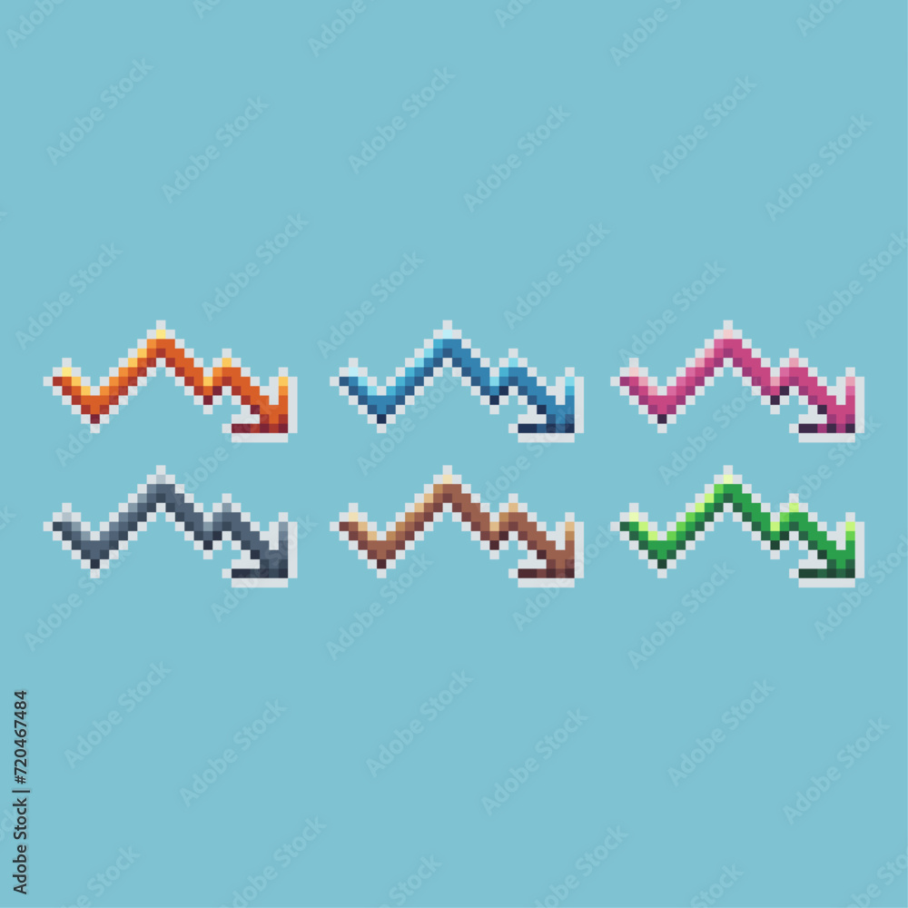 Vecteur Stock Pixel art sets icon of graphic down variation color. graph down icon on pixelated ...