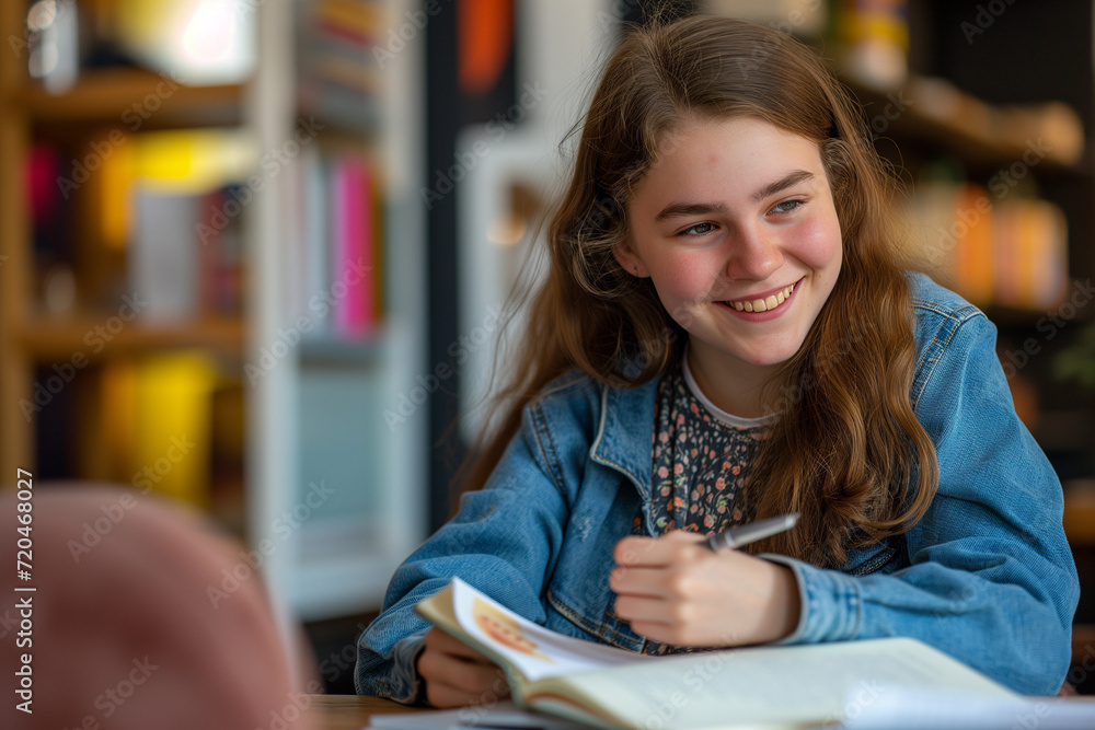 Joyful teenage girl learning in high school classroom. The image ...