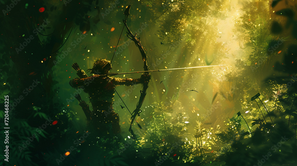 An artistic painting of an archer class character with a high-tech bow ...