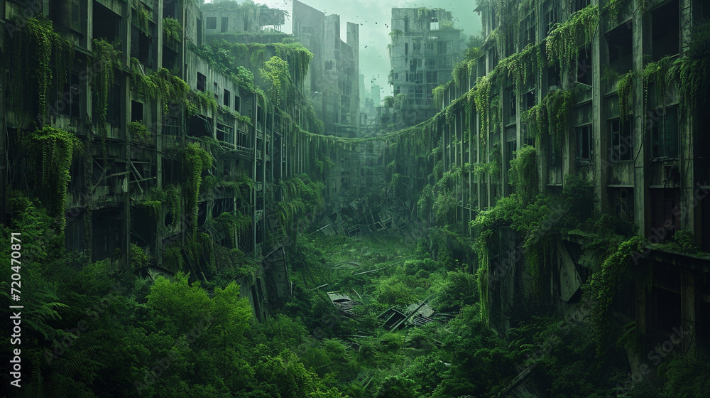 An eerie, post-apocalyptic cityscape, where nature has overtaken the urban ruins Abandoned ...