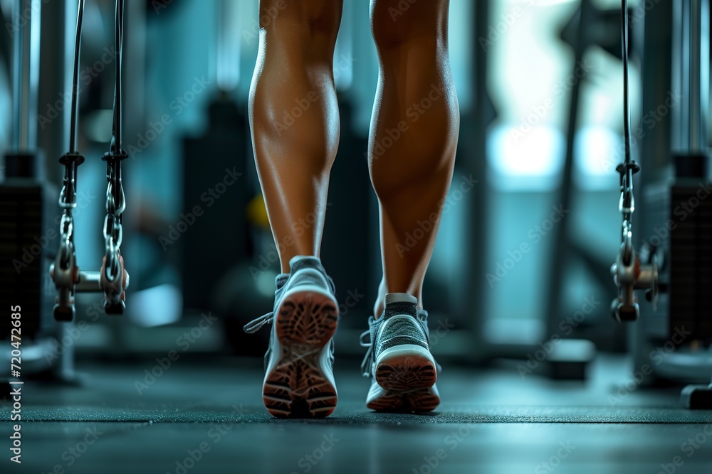 The athlete's calves highlighted with definition in the gym doing ...