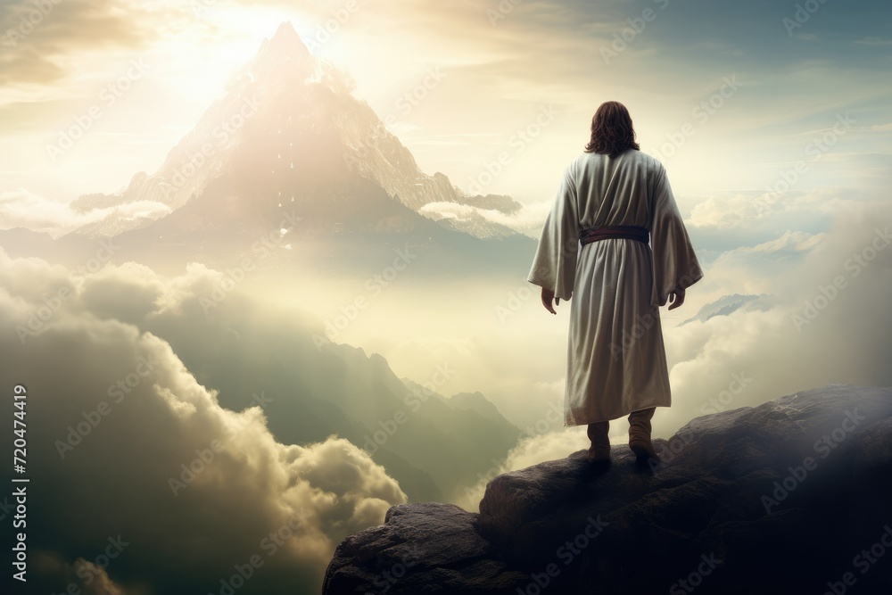 Jesus Christ on the mountain, Back view of Jesus Christ standing on the ...