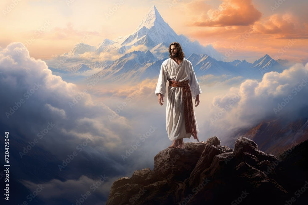 Jesus Christ on the mountain, Back view of Jesus Christ standing on the ...