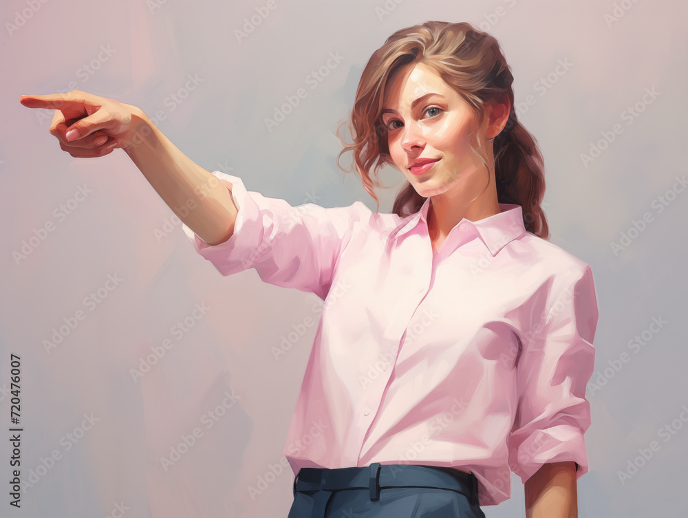 Captivating humor: Woman points on pink, animated style with light navy ...