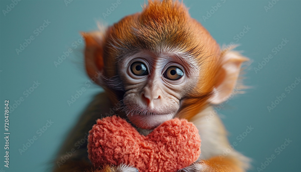 Valentine background Cute monkey chimpanzee holding red heart. Pastel ...