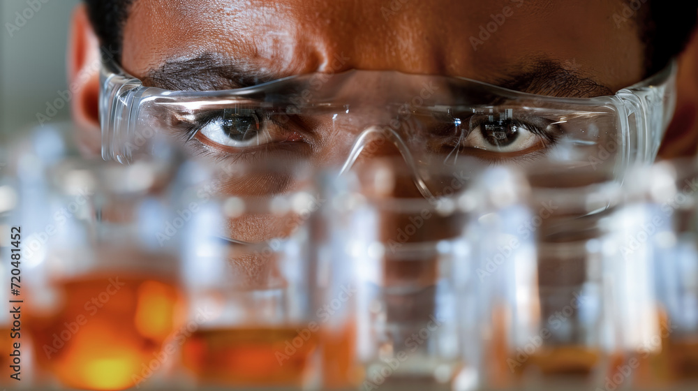 Scientist examining a chemical reaction in test tubes in the lab. Eyes ...