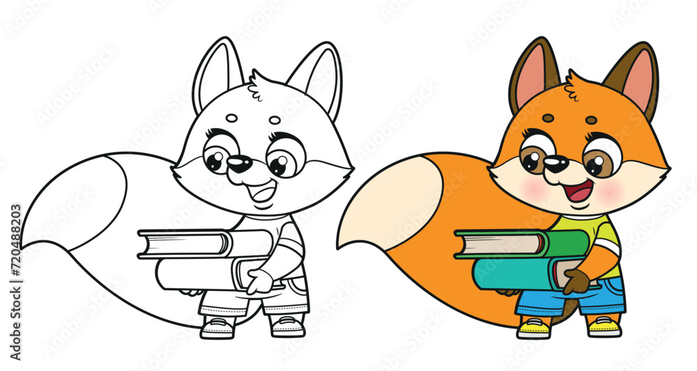 Cute cartoon fox hold a book stack color and outlined for coloring page ...