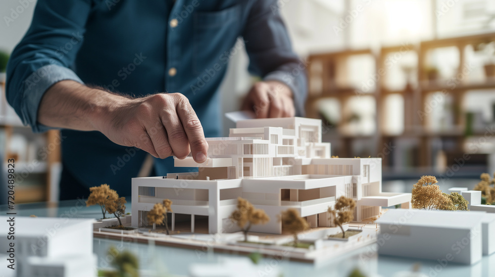 Architect Reviewing Building Plans with Model Structure - Architecture ...