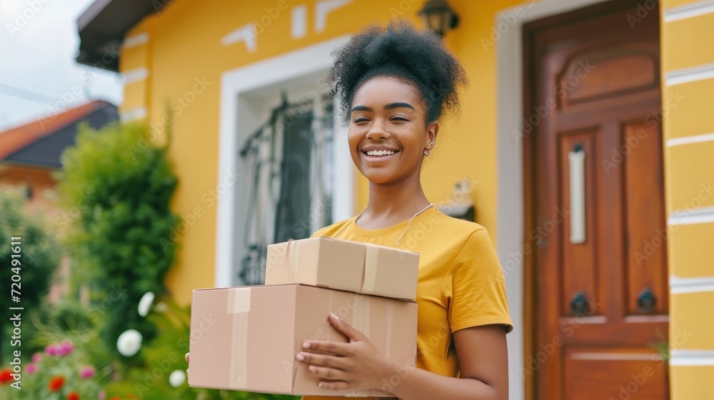 Happy smiling woman receives boxes parcel from courier in front house ...
