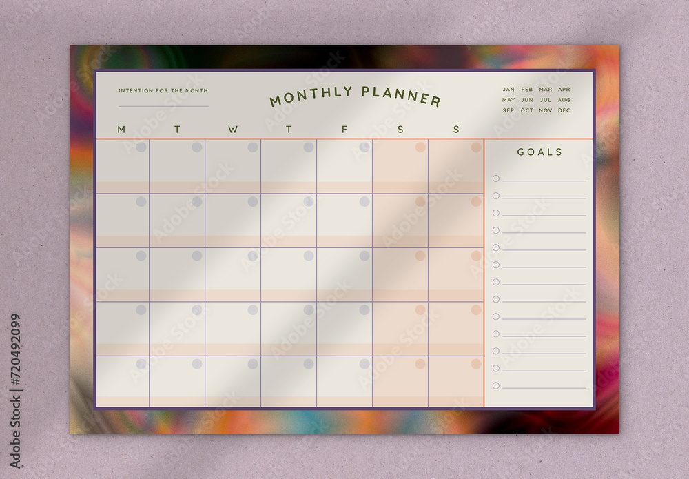 Monthly Planner with a Colourful Abstract Background Stock Template ...