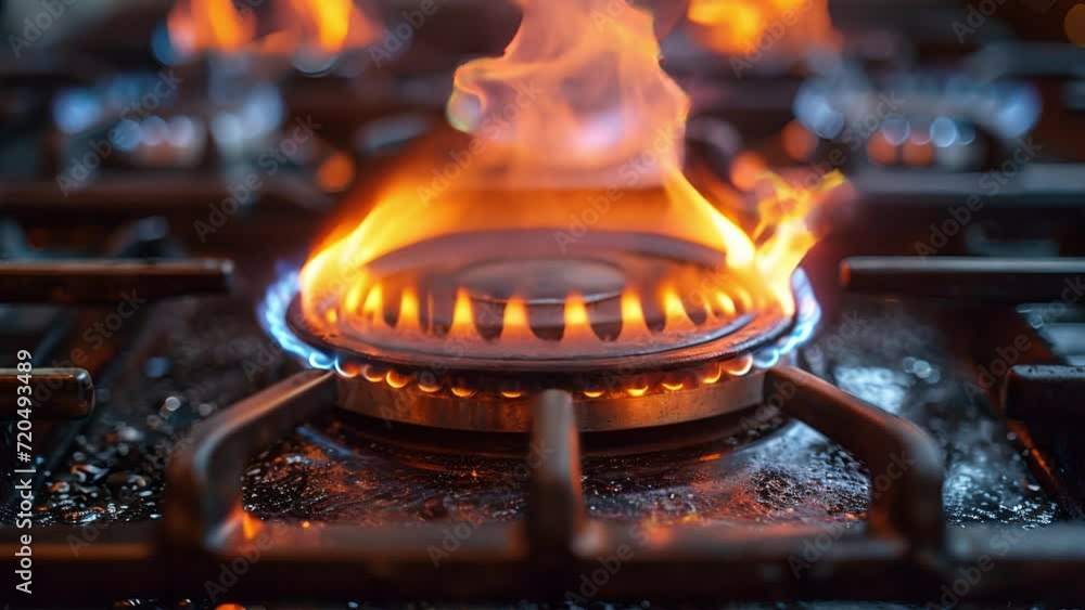 Burning kitchen gas stove fire inflaming, close-up burning burner flame ...