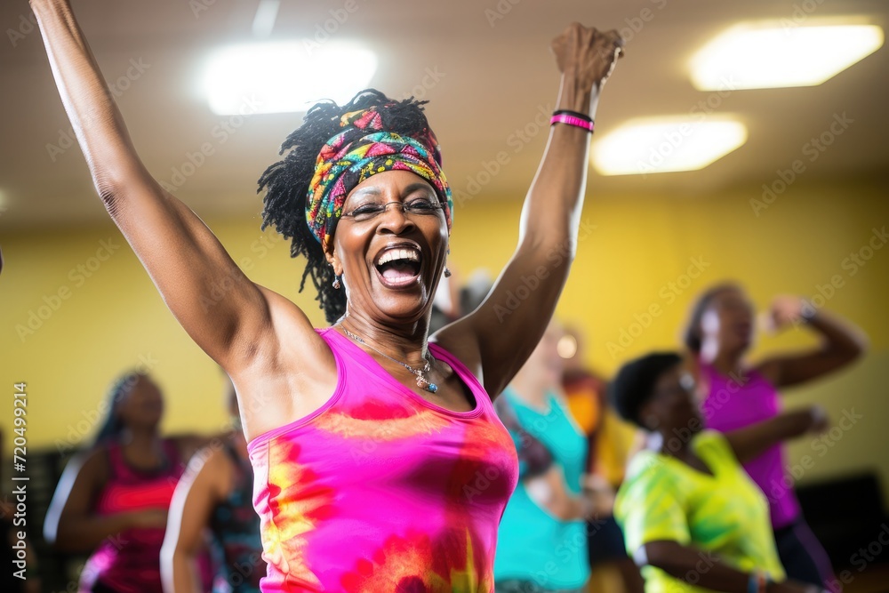 An African American Zumba class participant dancing with infectious ...