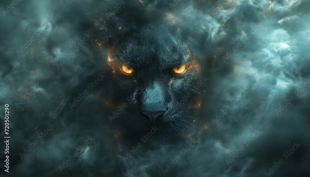 The contours of a black panther face in the mist. Mist texture ...