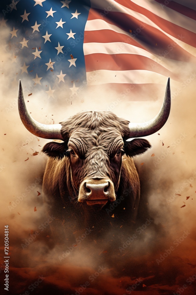 A large bull against the background of the American flag as a symbol of ...